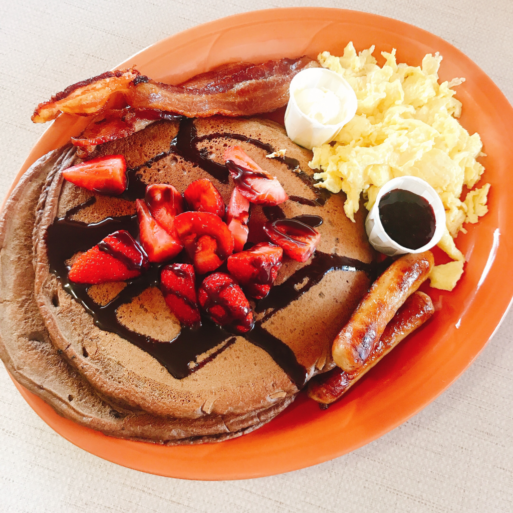 Chocolate Strawberry Pancakes Full House | The Breadboard Restaurant In ...